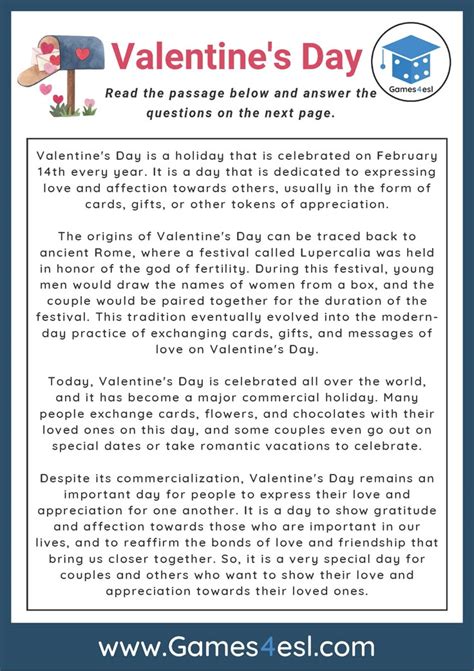 Valentines Day History And Origins Reading Comprehension Worksheet