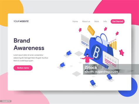 브랜드 인지도 그림 개념의 방문 페이지 서식 파일입니다 웹 사이트 및 모바일 웹 사이트에 대 한 페이지 디자인의 아이소메트릭 평면 디자인 개념 벡터 일러스트 개념에 대한