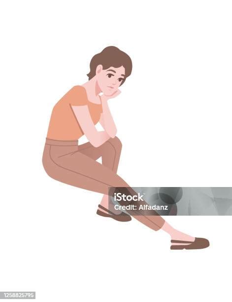 귀여운 어린 소녀 앉아 포즈 입고 캐주얼 옷 만화 캐릭터 패션 여성 모델 디자인 평면 벡터 일러스트 에 흰색 배경에 고립 갈색 머리에 대한 스톡 벡터 아트 및 기타 이미지