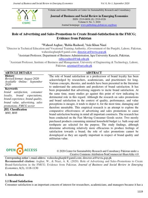 Role Of Advertising And Sales Promotions To Create Brand Satisfaction In The Fmcg Pdf