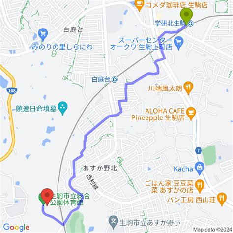 学研北生駒駅から生駒市体育協会総合sc体育館へのルートマップ Mdata