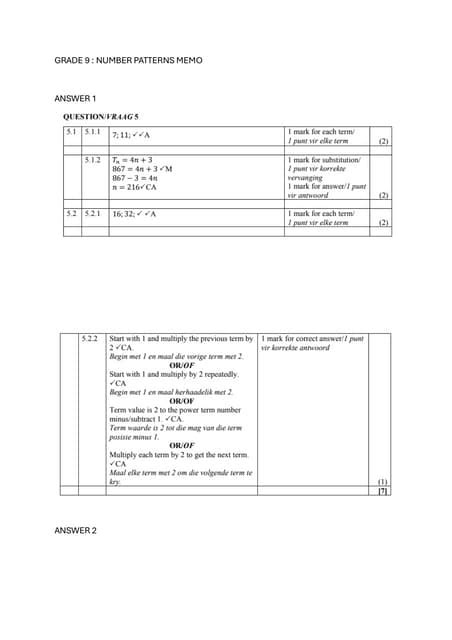 Grade 9 Maths Number Patterns Answers Pdf