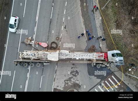 Aerial View Of Road Accident With Overturned Truck Blocking Traffic
