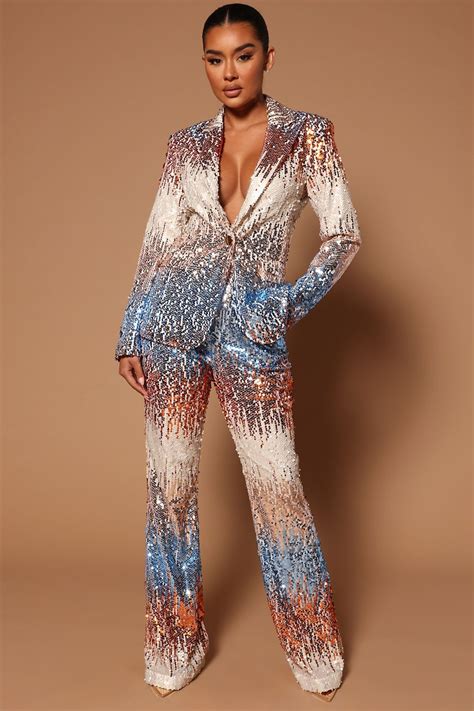 Womens Evalyn Wide Leg Sequin Pant In Bluegold Size Large By Fashion