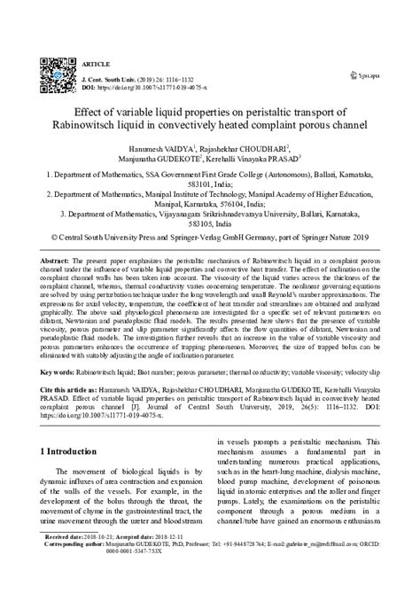 Pdf Effect Of Variable Liquid Properties On Peristaltic Transport Of
