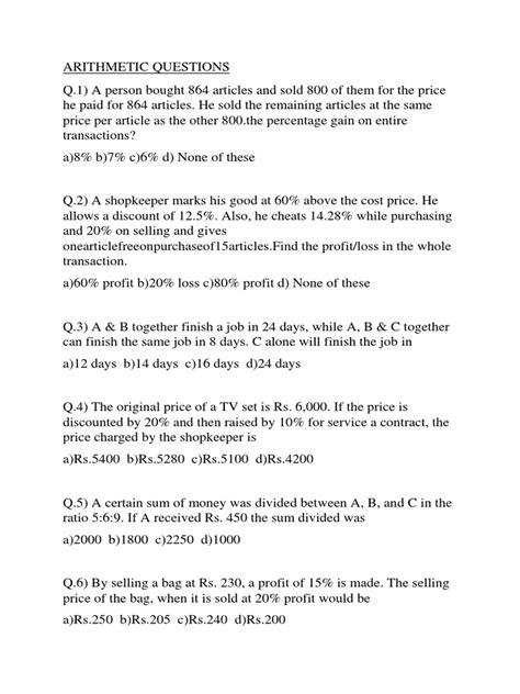 Arithmetic 200 Questions Pdf Speed Interest