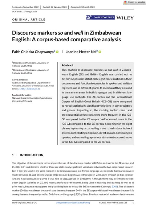 Pdf Discourse Markers So And Well In Zimbabwean English A Corpus Based Comparative Analysis