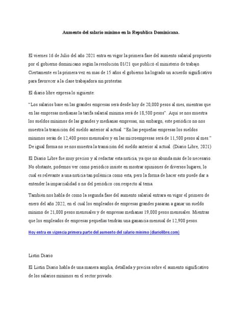 Aumento Del Salario Mínimo En La Republica Dominicana Pdf Salario