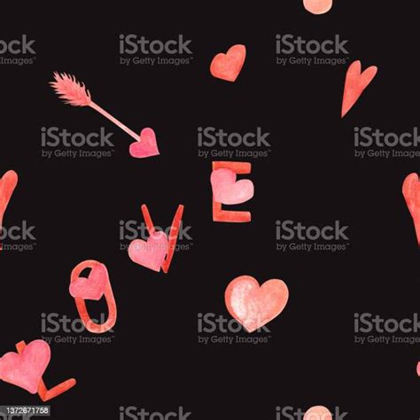 디자인과 패브릭을 위한 어두운 배경의 수채화 핑크 하트와 러브 레터링의 로맨틱한 패턴 귀여운에 대한 스톡 벡터 아트 및 기타