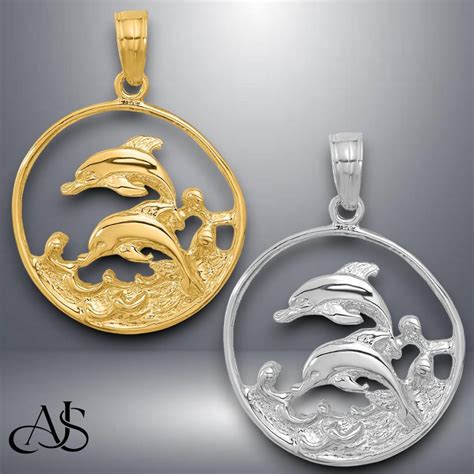 14k Yellow Gold Or White Gold Double Dolphin Circle Pendant With