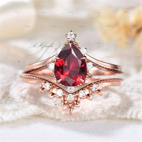 Teardrop Ruby Ring Set 6x8mm Ruby Engagement Ring Sterling Etsy