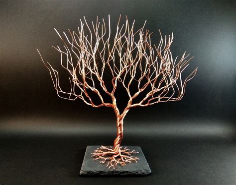 Copper Wire Tree Sculpture On Slate Base Copper Tree Of Life Sculpture