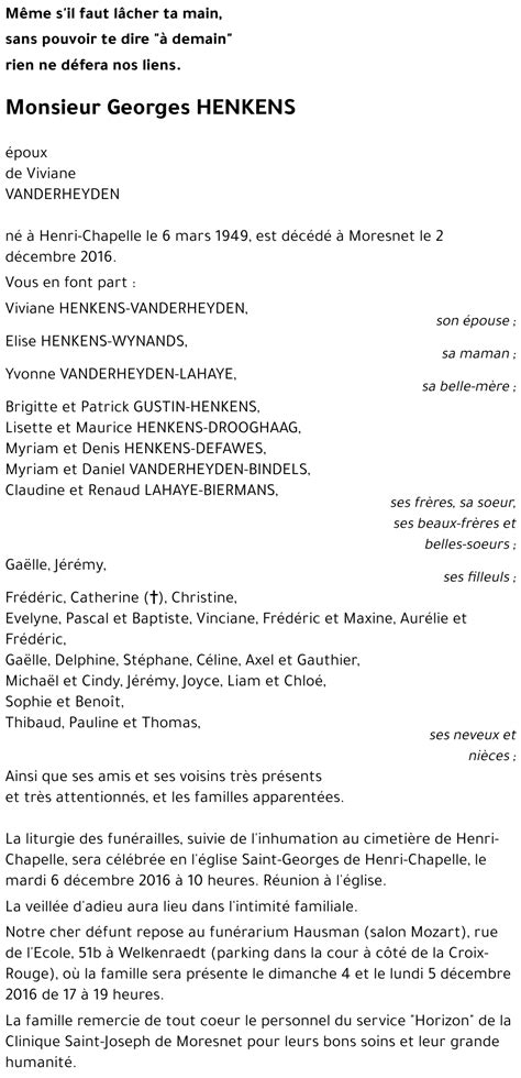 Avis De Décès De Georges Henkens Décédé Le 02122016 à Moresnet