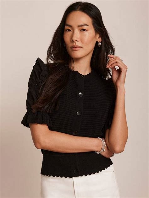 Mint Velvet Ribbed Scallop Trim Cardigan Black