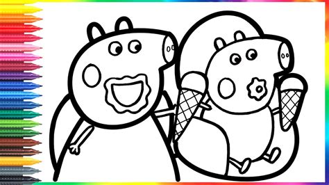 Dibuja y colorea cómo Peppa Pig y su hermano George comen helado Dibujo