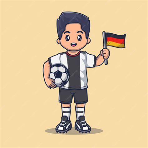 플래그와 공 만화 벡터 아이콘 그림을 들고 키트에 귀여운 독일 축구 선수 프리미엄 벡터