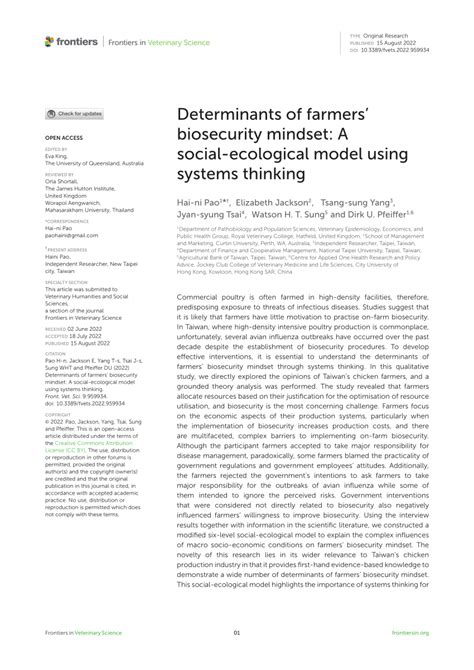 Pdf Determinants Of Farmers Biosecurity Mindset A Social Ecological Model Using Systems Thinking