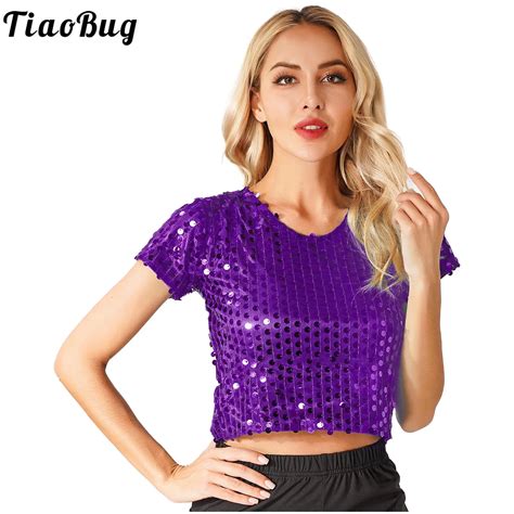 Womens Girls Summer Shirts New Crop Top Stylish Sparkly Sequin Short