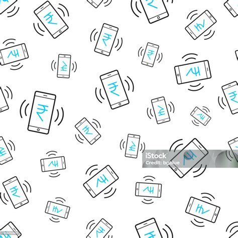 인도 루피 기호로 울리는 스마트폰 원활한 패턴 흰색 배경에 선 아이콘 Brand Name Mobile Payment에 대한 스톡