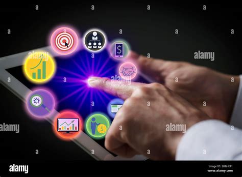Marketing Man Using Tablet Against Black Background Closeup Virtual Icons Popping Out From