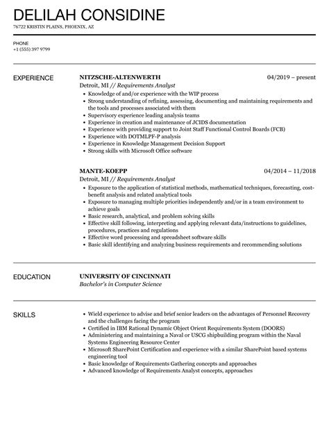Requirements Analyst Resume Samples Velvet Jobs