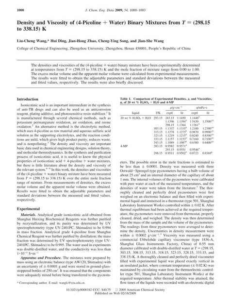 Pdf Density And Viscosity Of 4 Picoline Water Binary Mixtures