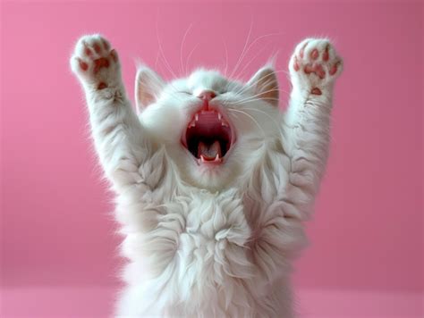 Adorable White Fluffy Kitten With Paws Raised And Mouth Open Against A