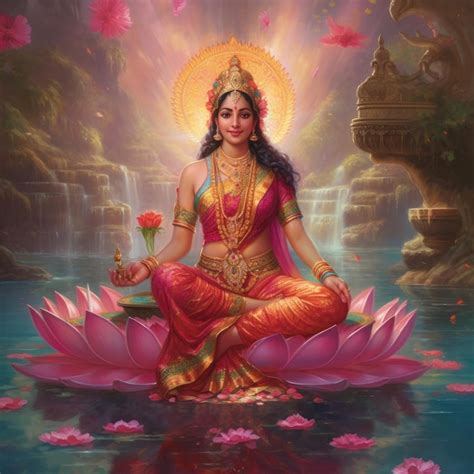 Premium Photo Divine Goddess Laxmi Smiling Sitting On The Lotus
