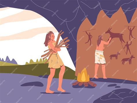 Premium Vector Stone Age People Engaged In Daily Life With One