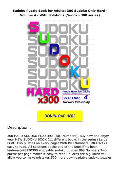 Download ⚡️pdf ️ Sudoku Puzzle Book For Adults 300 Sudoku Only Hard