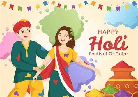 Happy Holi Festival Illustration With Colorful Pot And Powder In Hindi For Web Banner Or Landing