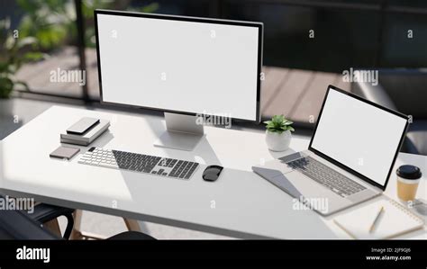 Modern Office Workplace With Pc Desktop Computer And Laptop White Screen Mockup Keyboard