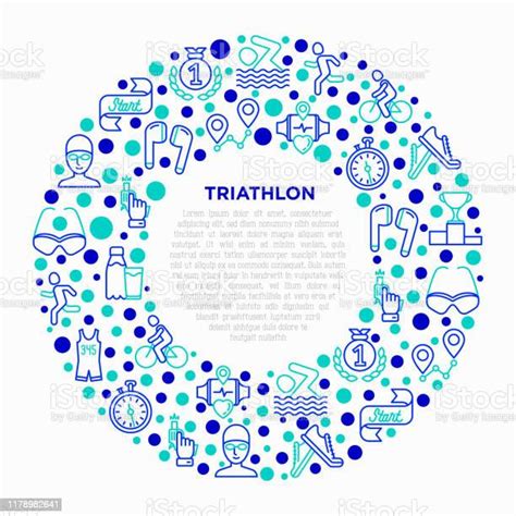 얇은 라인 아이콘원형 트라이 애슬론 개념 주자 수영 사이클링 경주 스톱워치 시작 총 스포츠 안경 시작 승리 성공 스포츠 웹 사이트에 대한 현대 벡터 그림 개념에 대한 스톡