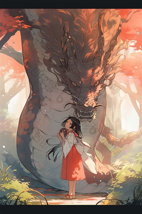 森林里的小女孩和龙插画高清图片下载 包图网