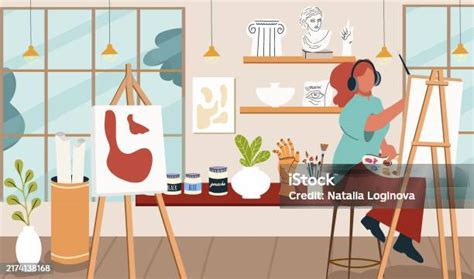 아트 스튜디오의 인테리어입니다 교실 창작 수업 워크숍 그림 학교 종이 이젤 도구 용품 소녀 그림에 캔버스와 페인팅 스튜디오 손으로 그린 평면 벡터 그림입니다 가구에 대한