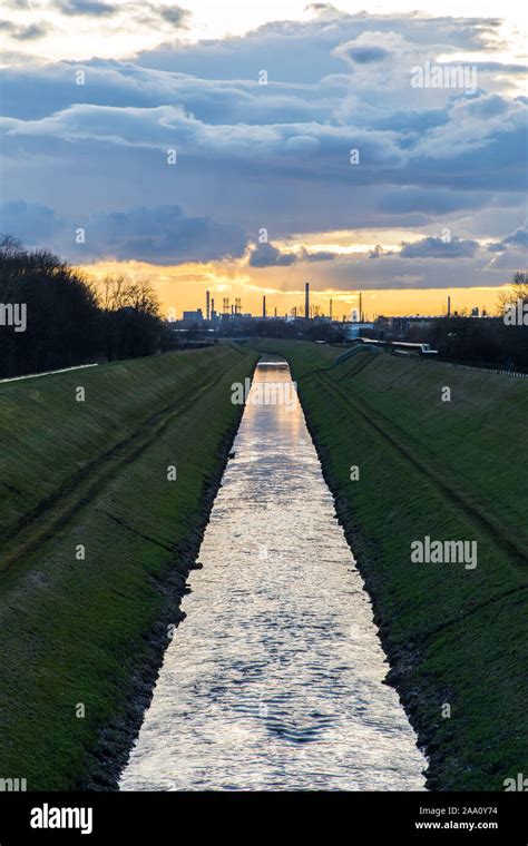 The Wastewater River Emscher In Its Canalized Bed In Gelsenkrichen