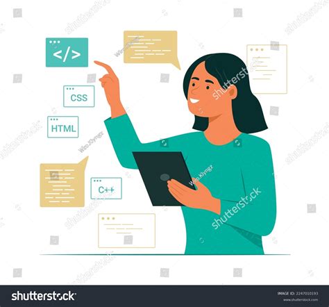 programmer woman process coding software development stock vector