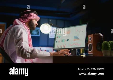 Muslim Teleworker Checking Analytics Statistical Data Set While