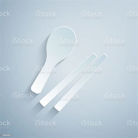 회색 배경에 격리 된 음식 젓가락 아이콘을 잘라 용지 아시아 요리를 위한 나무 한국 스틱 동양 기구 종이 아트 스타일 벡터 0