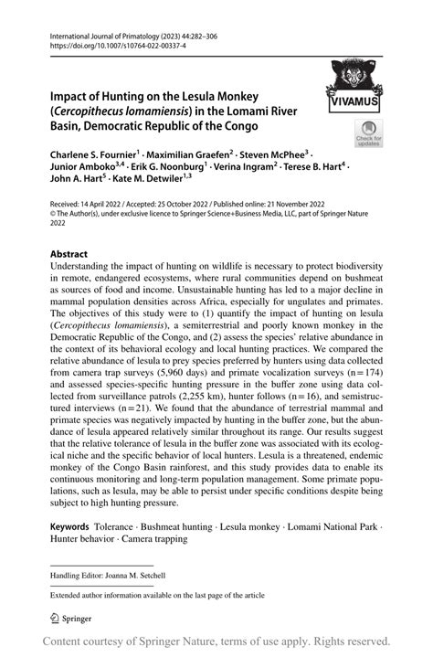 Impact Of Hunting On The Lesula Monkey Cercopithecus Lomamiensis In