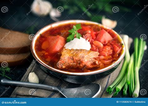 Traditional Ukrainian Russian Borscht Plate Of Red Beet Root Soup