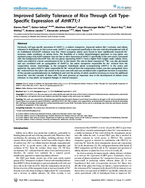 Pdf Improved Salinity Tolerance Of Rice Through Cell Type Specific