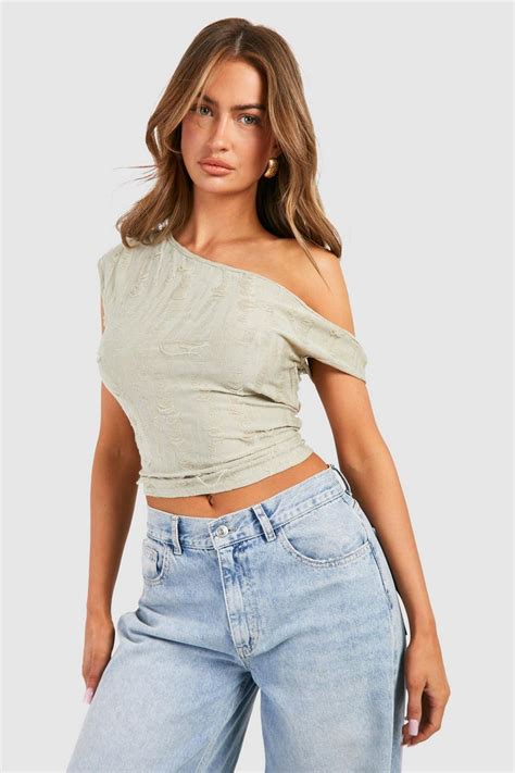 Ladder Knit Asymmetric Jean Grazer Top Boohoo Uk