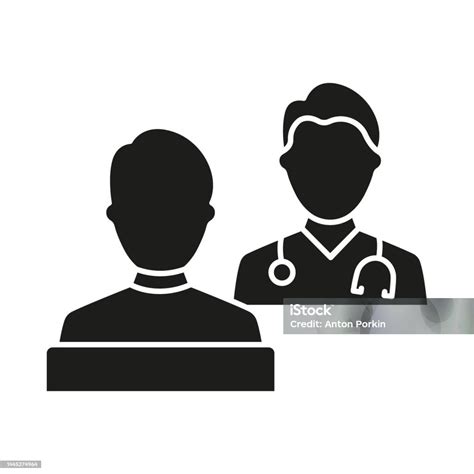 청진기 실루엣 아이콘으로 환자와 의사의 상담 병원 의사 상담 환자 글리프 블랙 픽토그램 건강 관리 대화 상자 개요 아이콘입니다