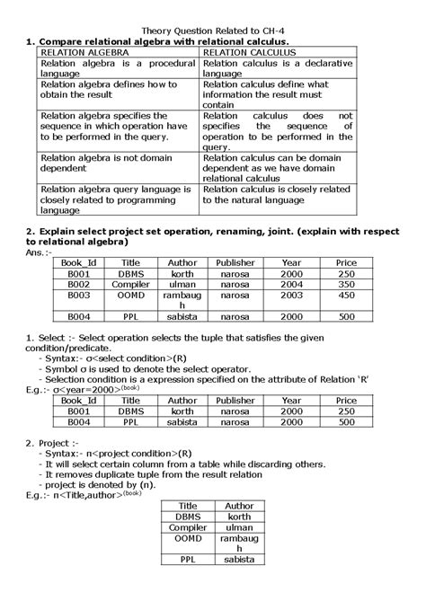 DBMS N A Theory Question Related To CH Compare Relational Algebra With Relational Calculus