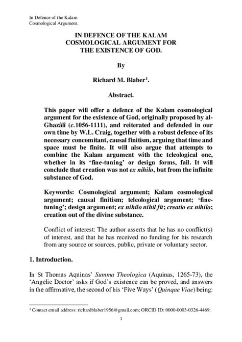 Pdf In Defence Of The Kalam Cosmological Argument For The Existence