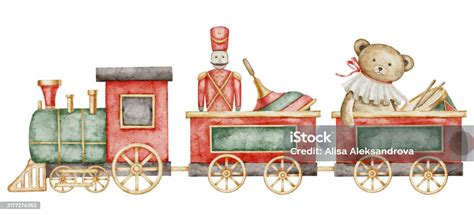 복고풍 장난감 수채화 그림으로 훈련하십시오 테디 베어 군인 및 드럼이 있는 빈티지 기관차 그림 어린아이 인사말 카드 또는 어린이 초대장 크리스마스와 새해 엽서를 위한 예술