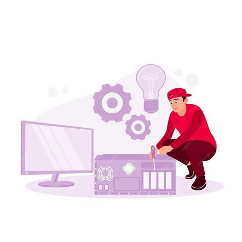 Premium Vector The Male Technician Fixes The Computer With A