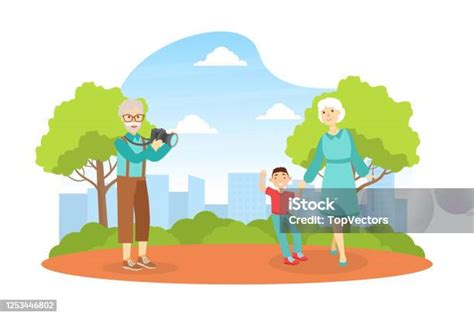 할아버지 촬영 할머니 와 할머니 에 박 조부모와 손자 함께 좋은 시간을 함께 화창한 여름 날 만화 벡터 일러스트 가족에 대한
