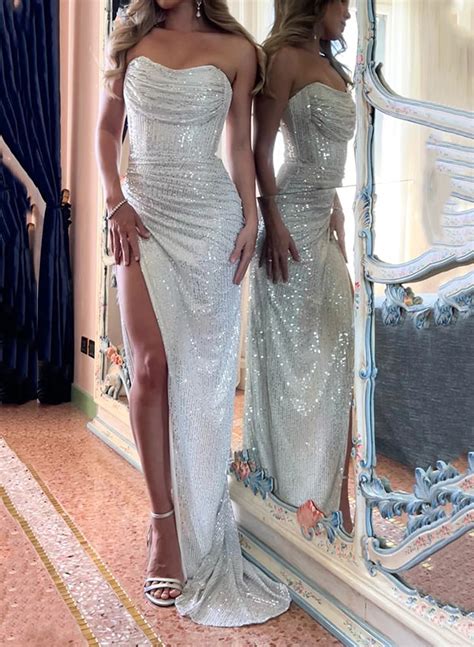 Sheath Column Cowl Neck Sleeveless Sequined Prom Dresses With High